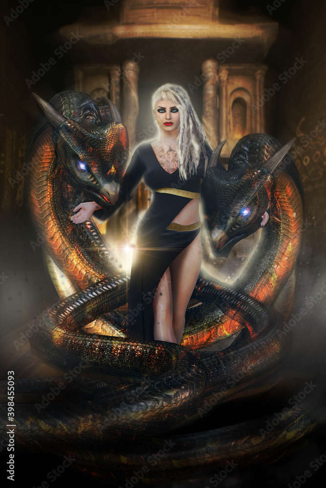 A 3D fantasy illustration with a witch in a catacomb surrounding by her ...