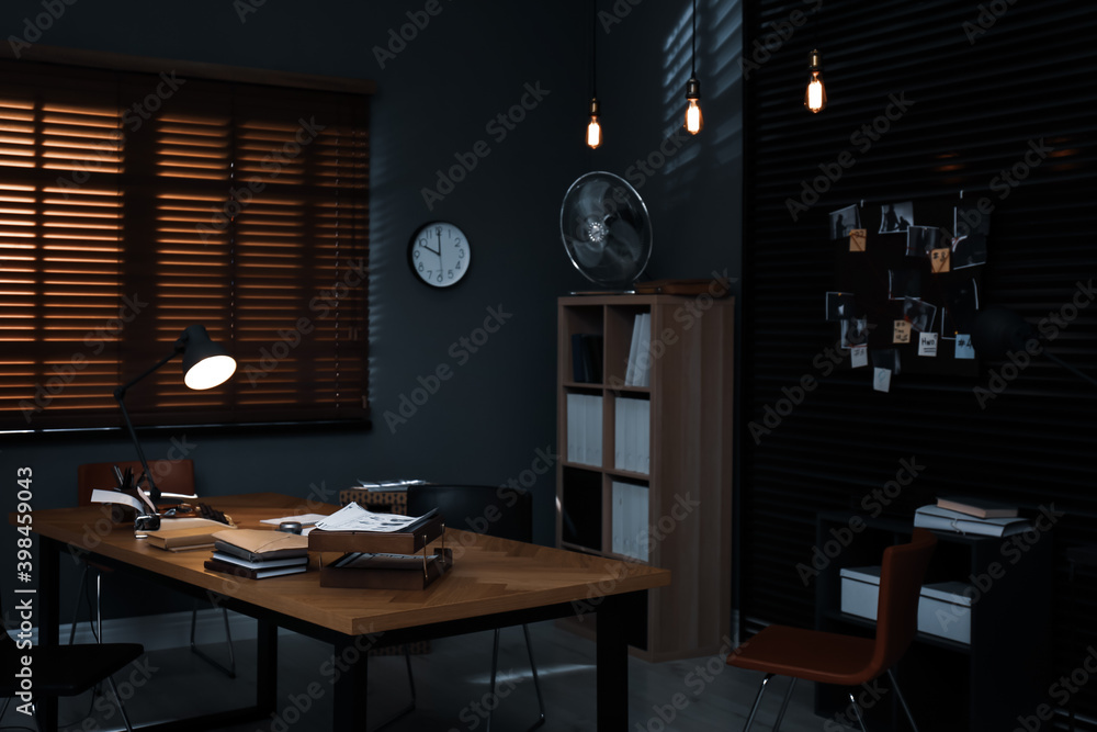 Detective office interior with evidence board on wall Stock Photo ...