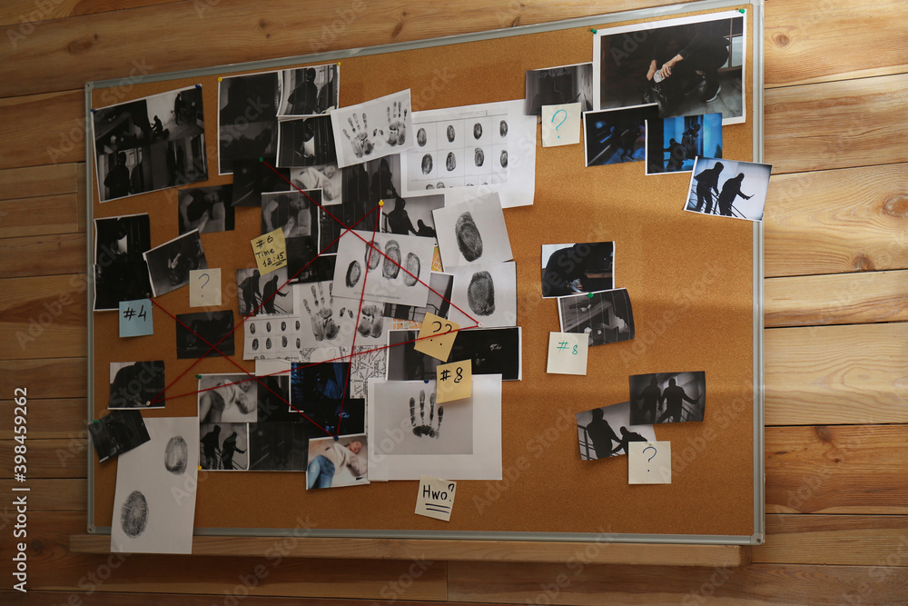 Detective board with crime scene photos, fingerprints, clues and red ...