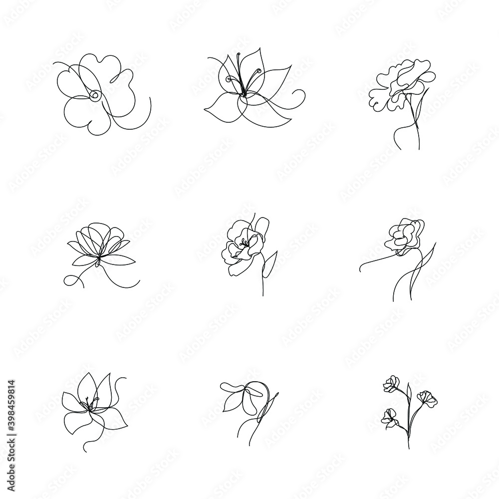 vector set of flowers, single line art, floral outline icons Stock ...
