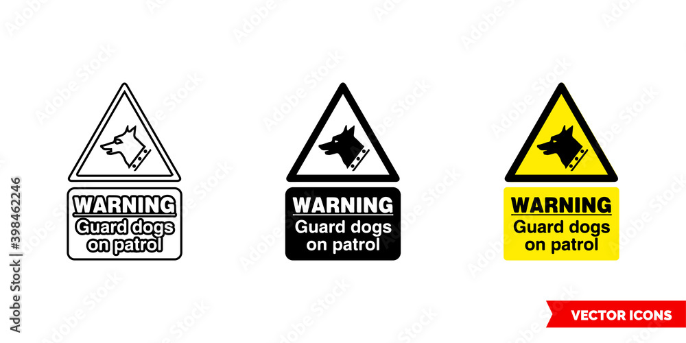 Warning guard dogs on patrol hazard sign icon of 3 types color, black ...