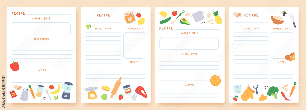 Recipe cards. Pages for culinary book decorated with ingredients and ...