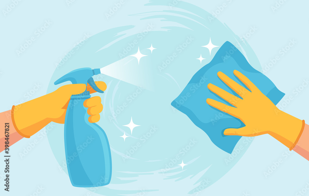 Cleaning surface. Hands in gloves clean with spray and wipe. Sanitizing ...