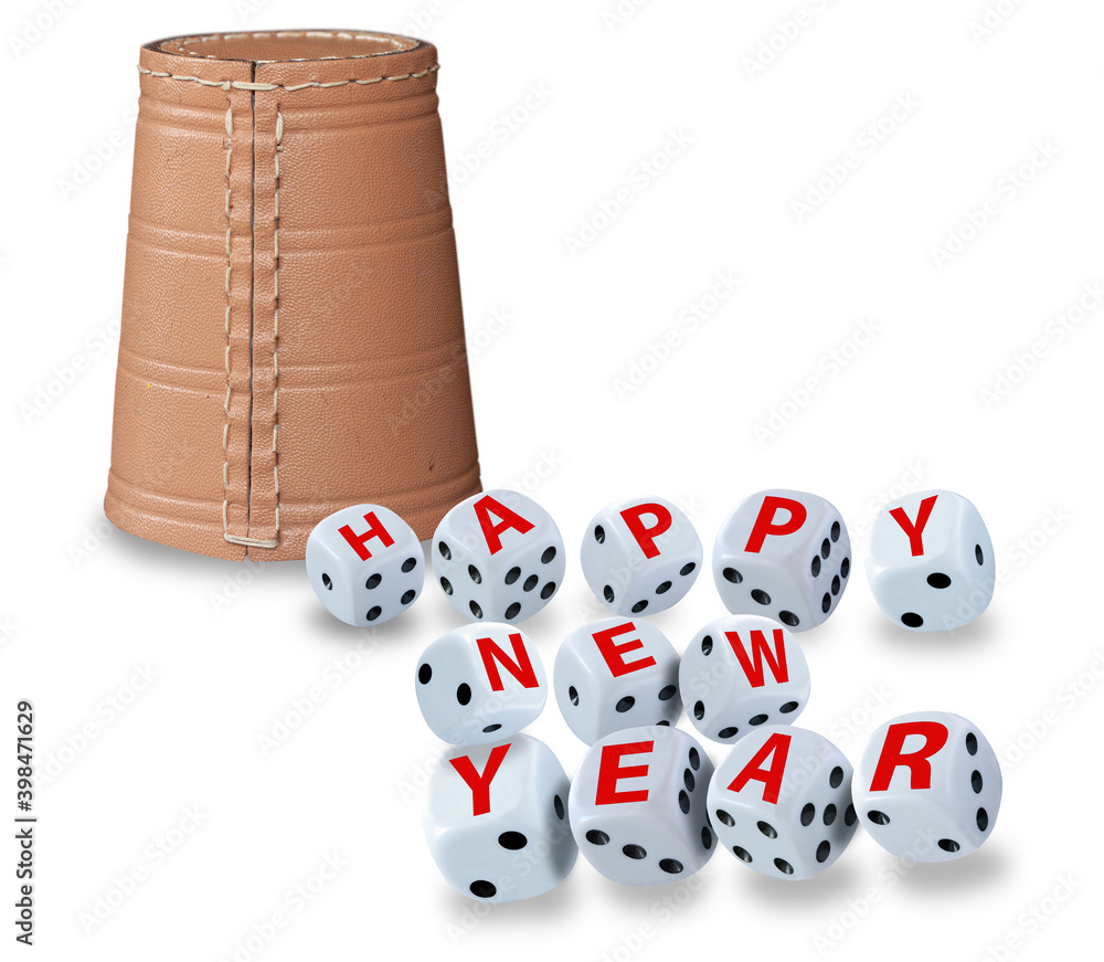Tumbling dice spelling Happy New Year and a raffle cup standing upside ...
