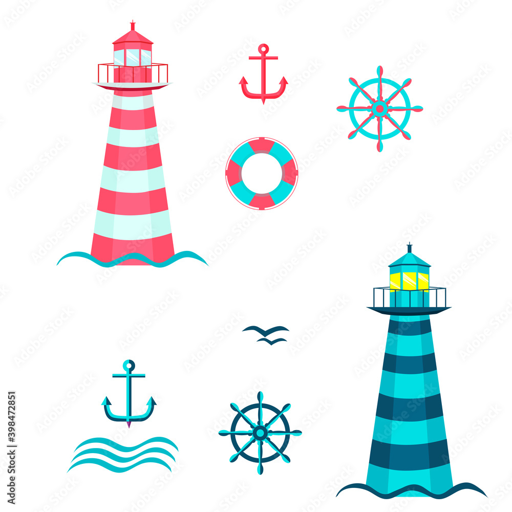 Set of cartoon lighthouse, lifebuoy and anchor. Set of stickers. Vector ...