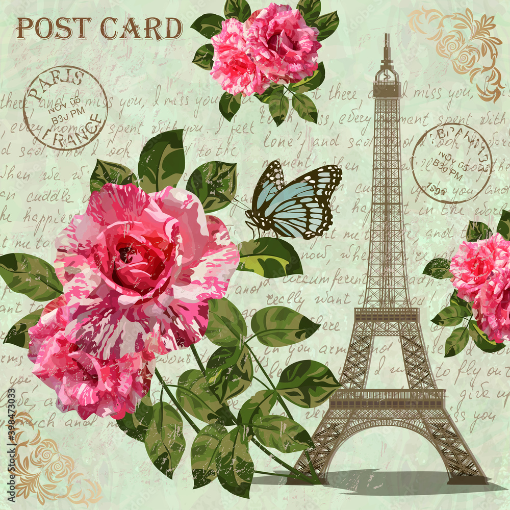 Paris vintage postcard with Eiffel Tower and roses on retro background ...