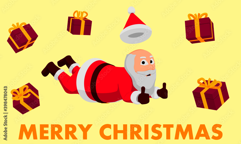 Cartoon Santa Claus is falling with gifts. Happy Santa Claus is flying ...
