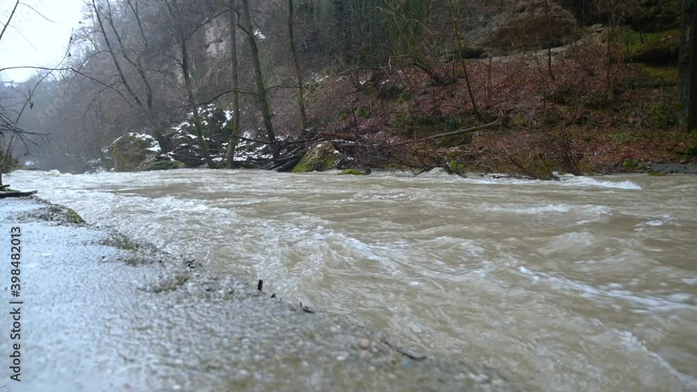 Raging river Kokra flowing in Alpine valley, Slovenia. Brown flooded ...