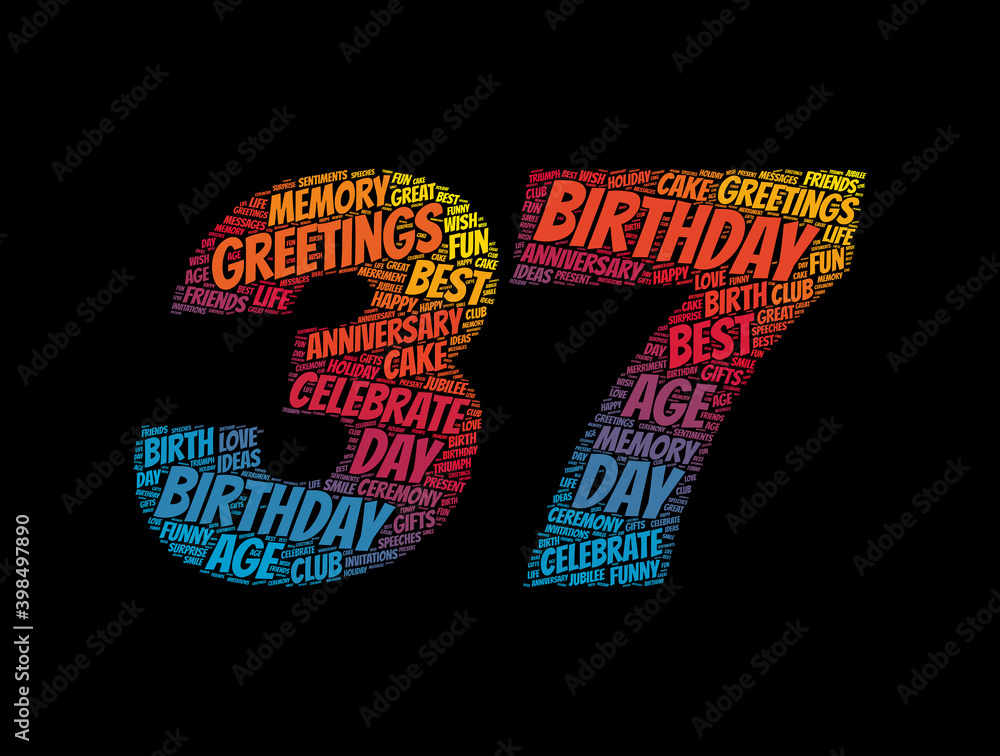 Happy 37th birthday word cloud, holiday concept background Stock ...