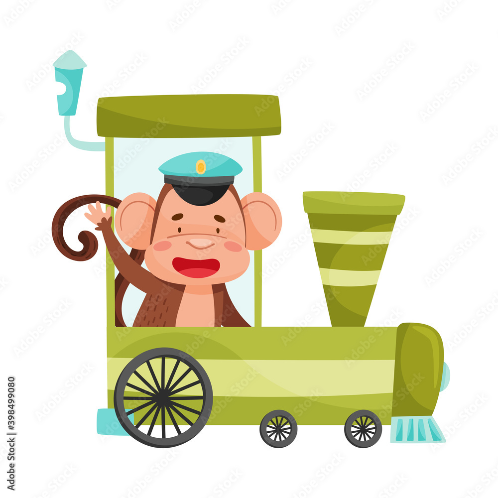 Funny Monkey with Protruding Ears Riding Train Vector Illustration ...