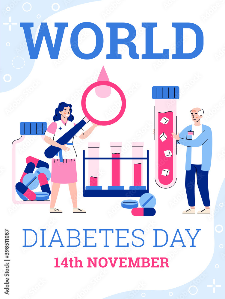 World diabetes day banner or poster layout with cartoon characters of ...