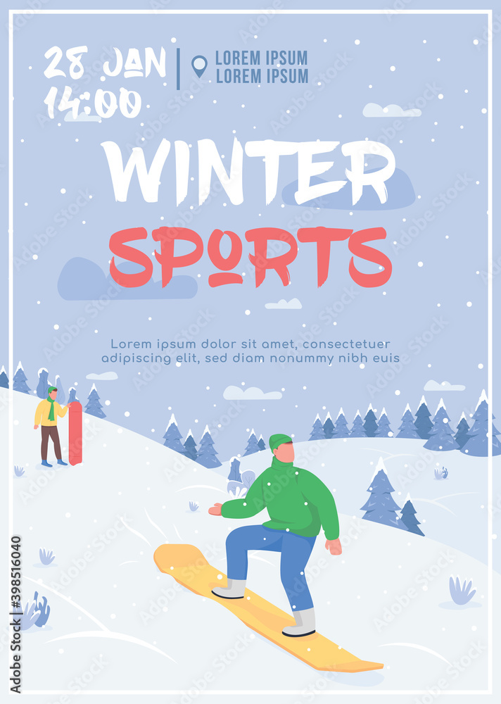 Winter sport poster flat vector template. Snowboarding downhill ...