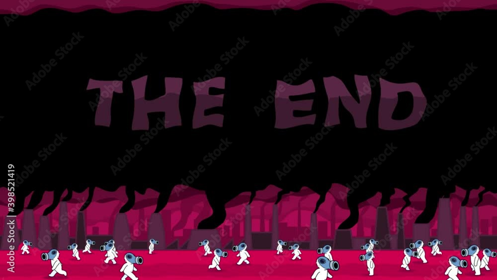 The end title on black smoke cloud background. Men with oxygen mask on ...