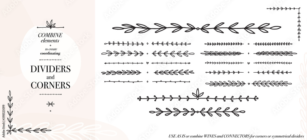 Leaf text divider and corner set. Hand drawn botanical vector elements ...