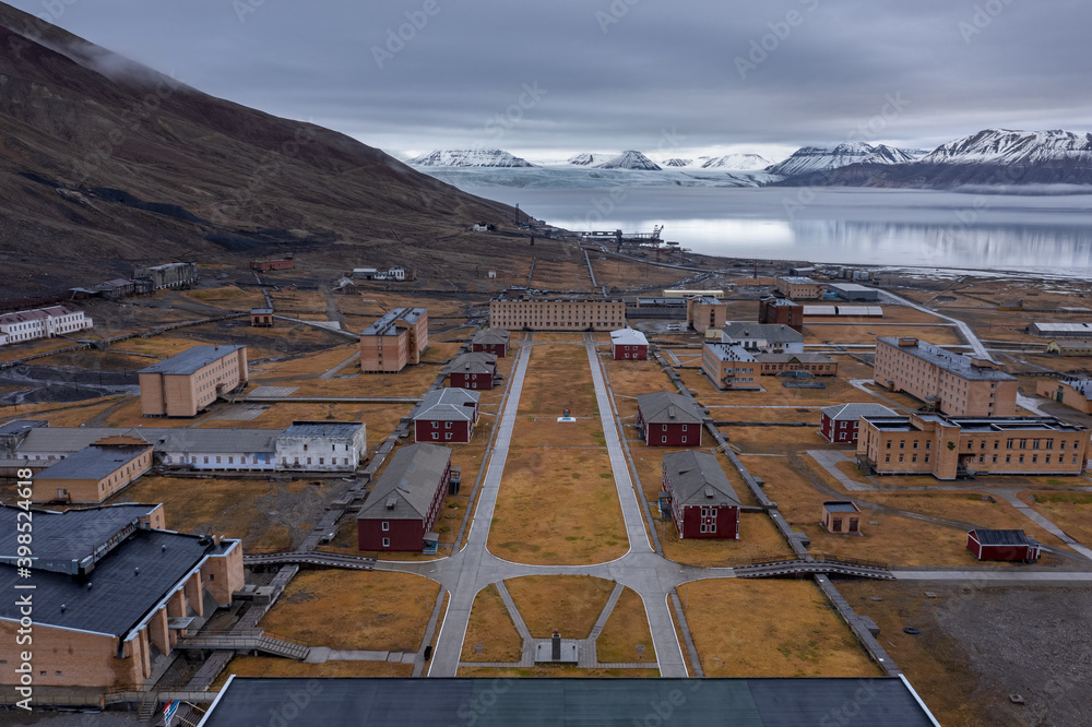 Pyramiden aerial view, Soviet ghost town, Svalbard, Norway Stock Photo ...