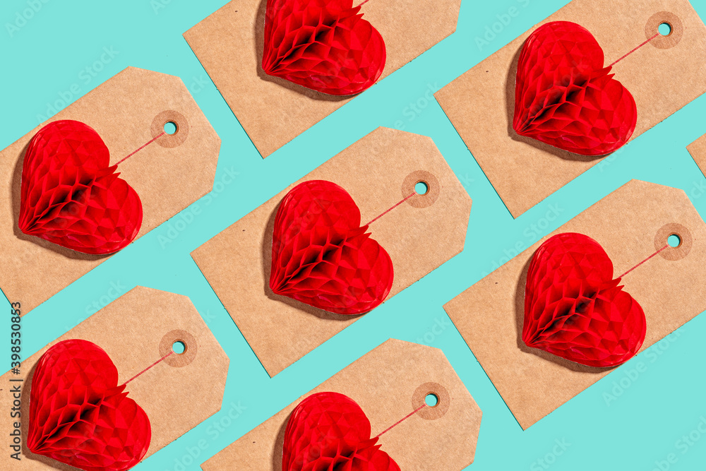 Pattern of labels with heart shaped paper craft decorations Stock Photo ...