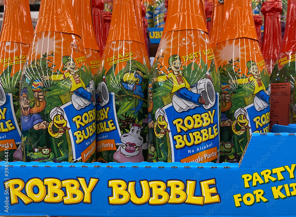 Viersen, Germany - October 8. 2020: Close up of Robby Bubble kids drink ...