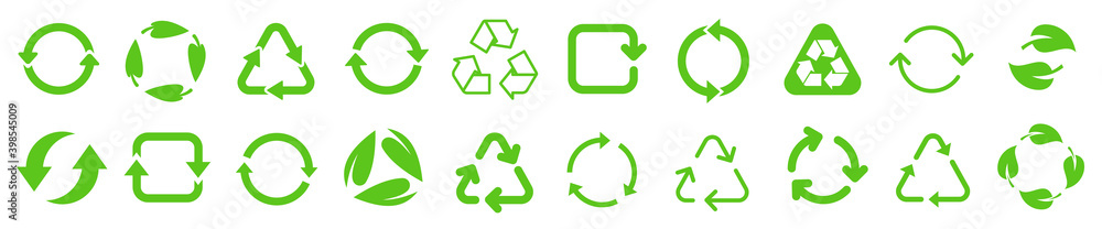 Biodegradable, compostable, recyclable icon set. Set of green arrow recycle. Mega set of recycle ...