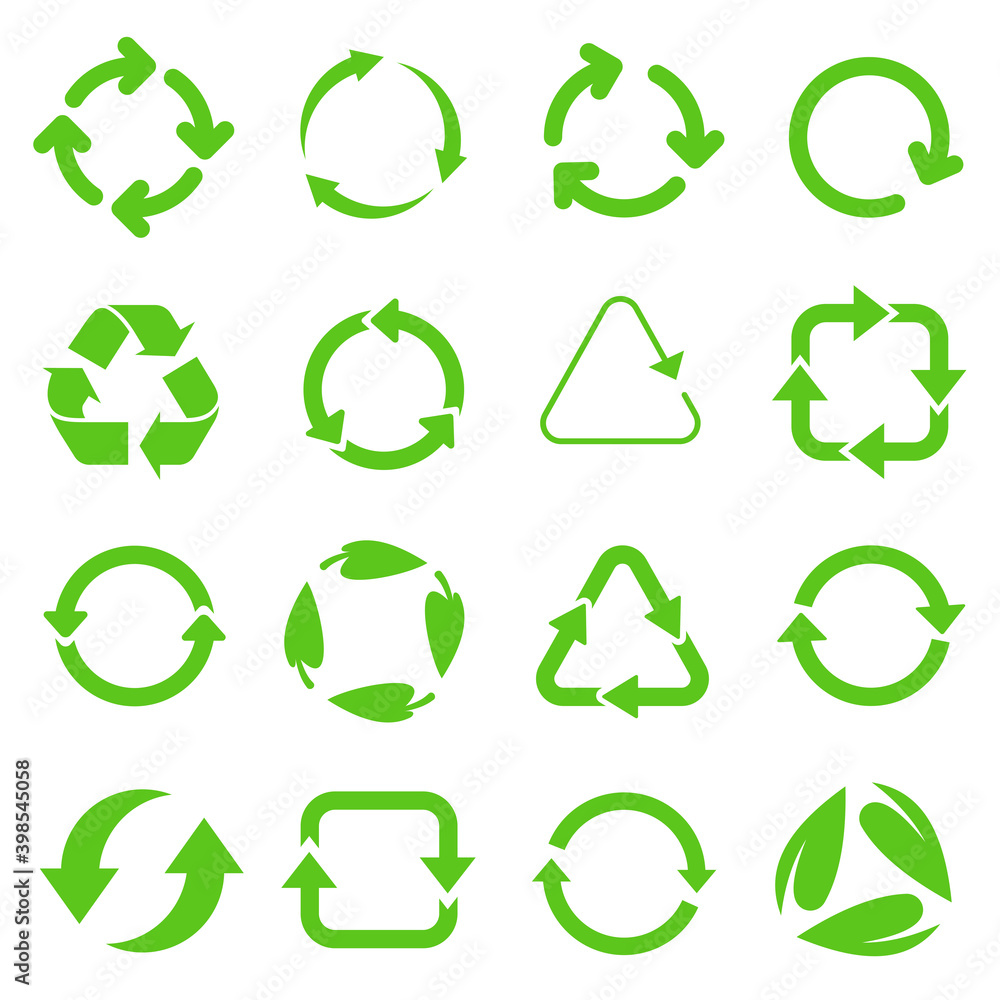 Biodegradable, compostable, recyclable icon set. Set of green arrow recycle. Mega set of recycle ...