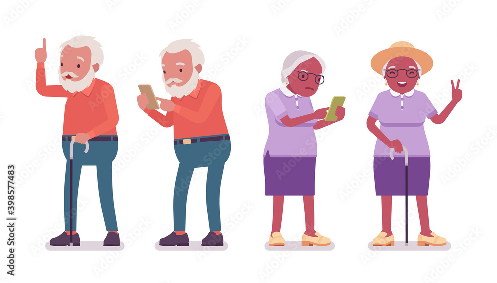 Old man, woman elderly person using mobile phone. Senior citizens over ...