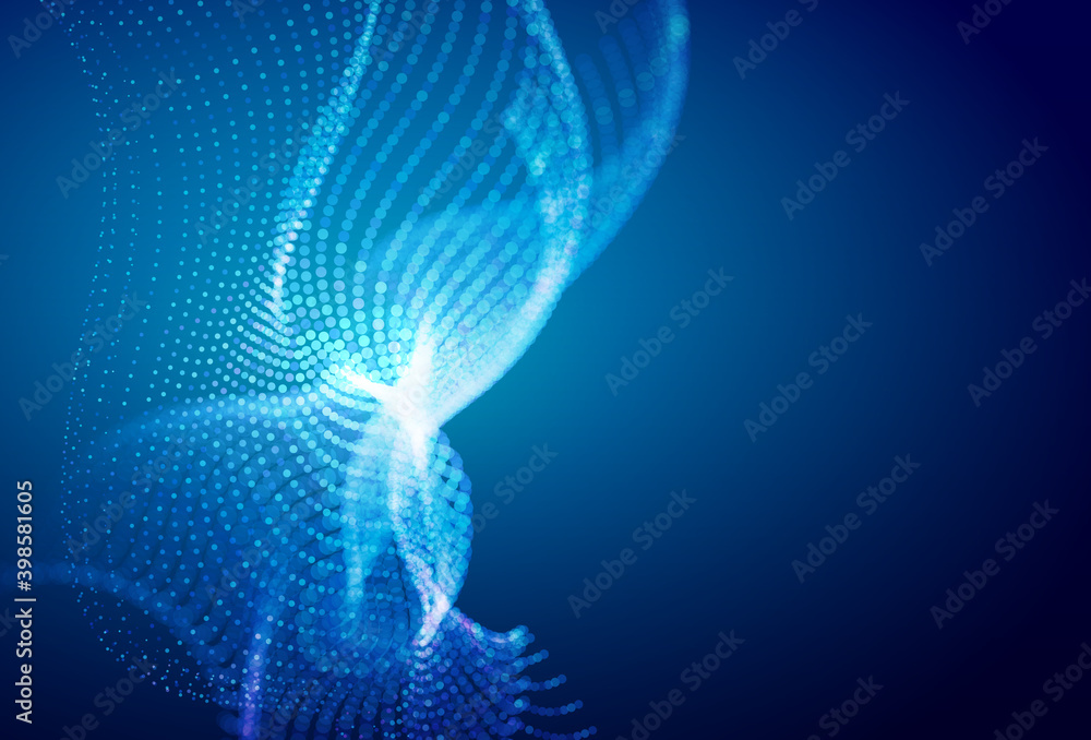 Abstract blue digital landscape with flowing particles. Cyber or ...