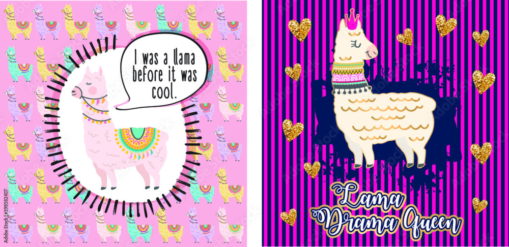 Two illustration of festive llama vector images with positive ...