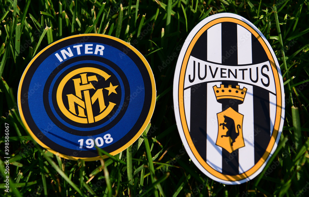 September 6, 2019, Turin, Italy. Emblems of Italian football clubs ...