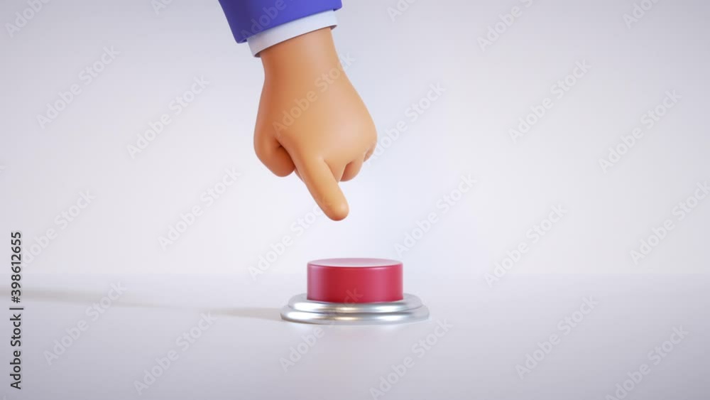 3d render, cartoon hand pushes the big red button isolated on white ...