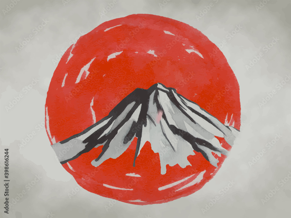 Japan traditional sumi-e painting. Fuji mountain, sakura, sunset. Japan ...