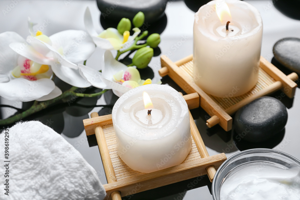 Beautiful spa composition with candles on dark background Stock Photo ...