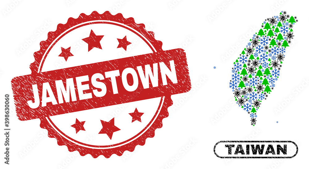 Vector coronavirus New Year collage Taiwan map and Jamestown rubber ...