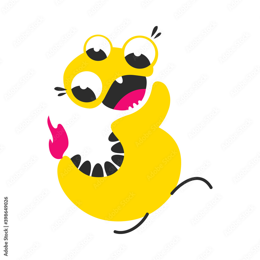 Number Three Cute Yellow Monster, Funny Fantasy Creature Character, 3 ...