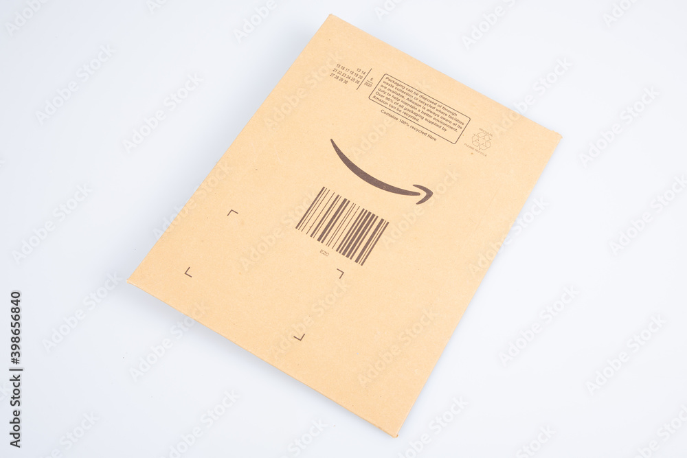 Amazon prime package in top view on white grey table background Stock ...