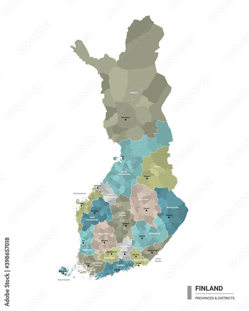 Finland higt detailed map with subdivisions. Administrative map of ...