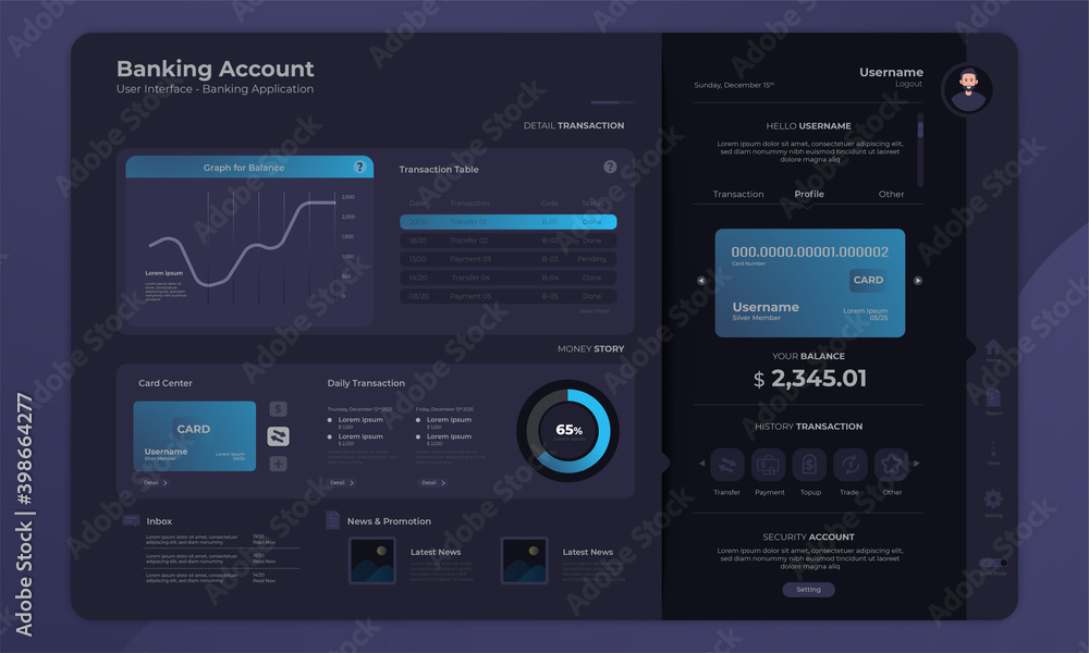 Banking account dashboard admin panel interface with dark mode concept ...