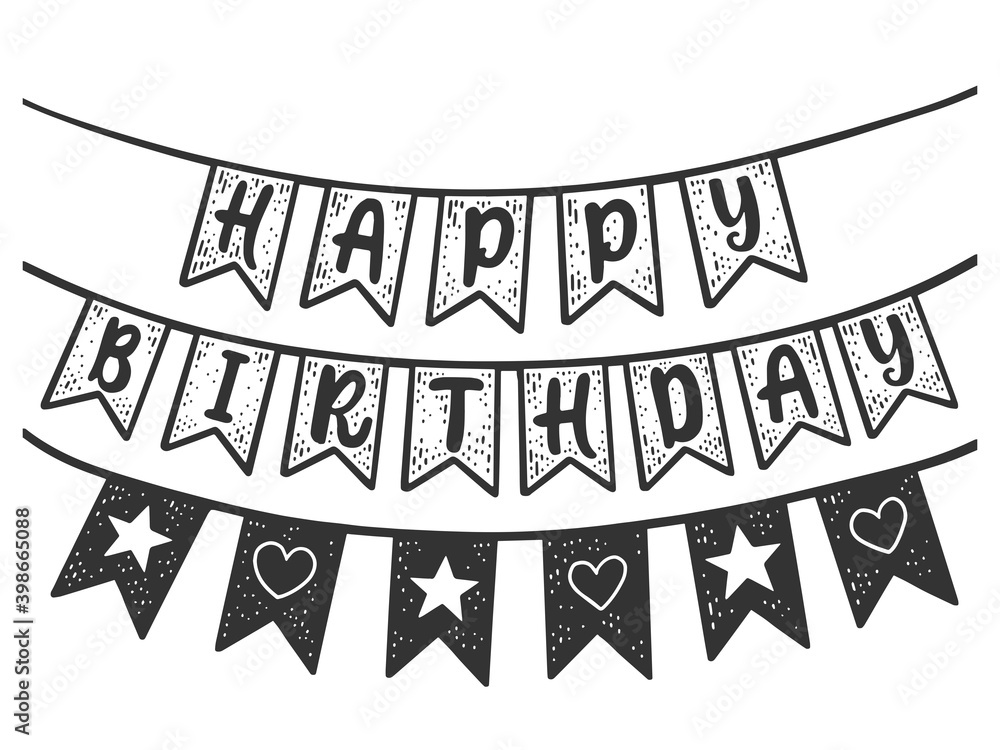 Happy birthday flags sketch raster illustration Stock Illustration ...