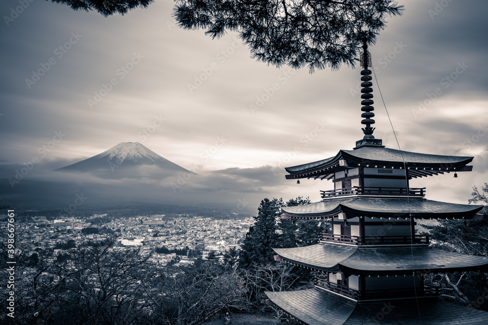 Mount fuji at sunset in black and white. Landmark of Japan Stock Photo ...