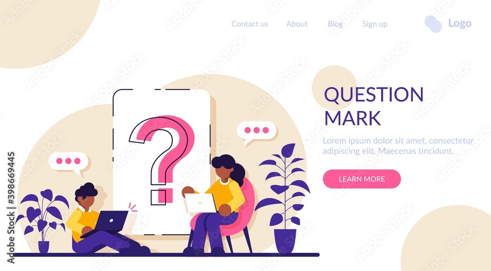 Question mark on document. Business woman and man asking questions ...