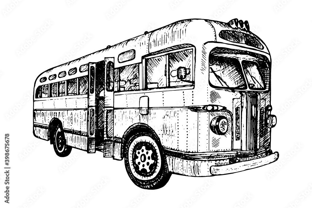 Hand drawn vintage retro city bus, doodle sketch graphics monochrome ...