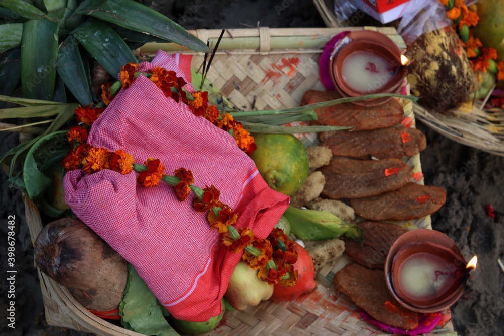 Bokeh shot of the basket, full of fruits and flowers to perform the ...