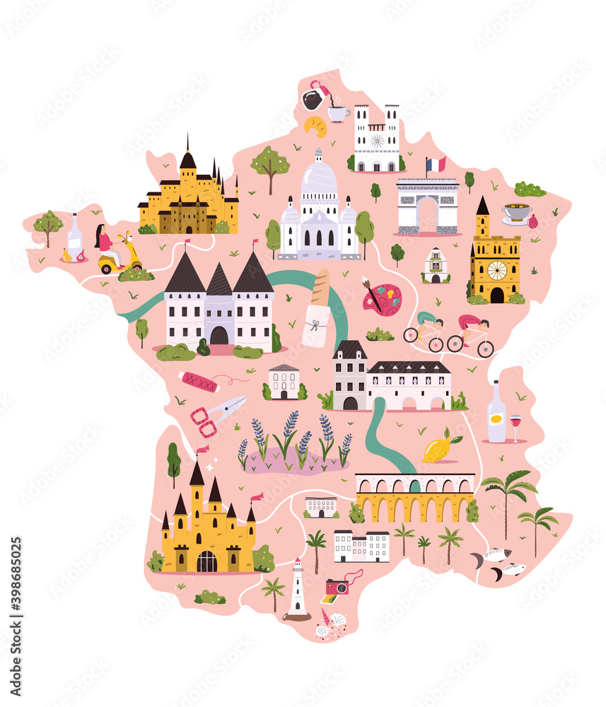 France hand drawn vector map with famous symbols, landmarks of the ...