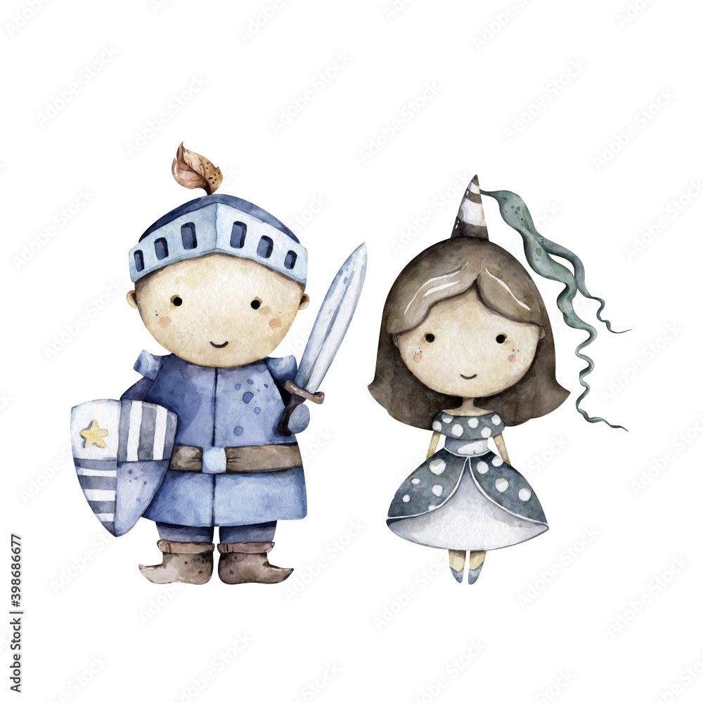Cute Princess and knight princess. Hand drawn watercolor isolated ...