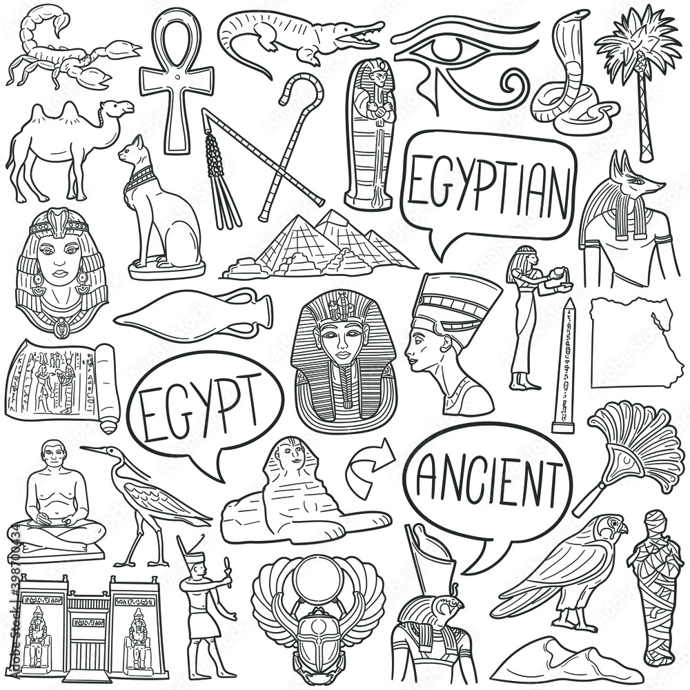 Egypt doodle icon set. Egyptian Vector illustration collection. Ancient ...