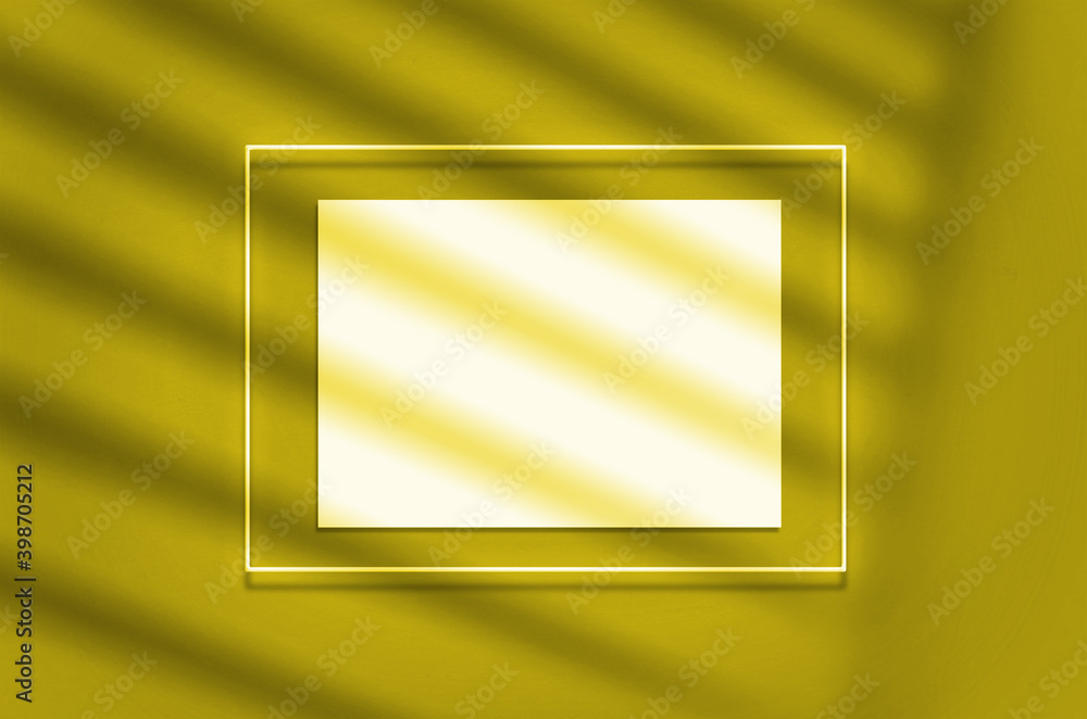 Mockup poster in a neon frame with a yellow glow. Scene with overlay ...