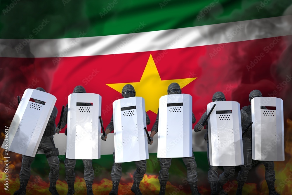 Suriname protest stopping concept, police guards protecting law against ...