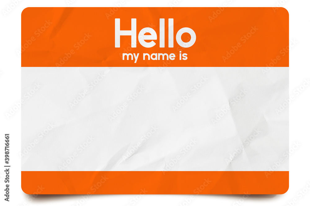 Orange hello my name is name tag blank template Stock Photo | Adobe Stock