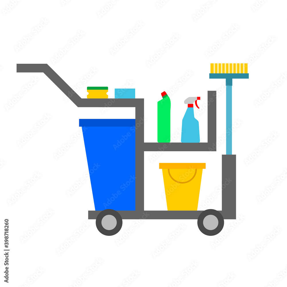 Cleaning trolley. Cleaning service cart. Bucket, broom, detergent ...