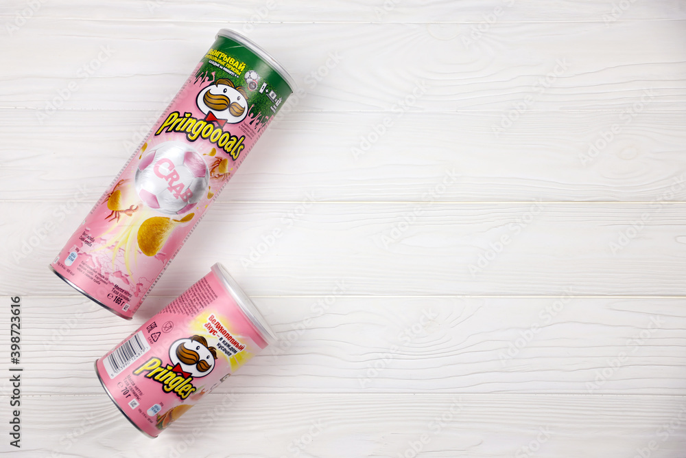 Pringles crab flavour. Cardboard tube cans with Pringles potato chips ...