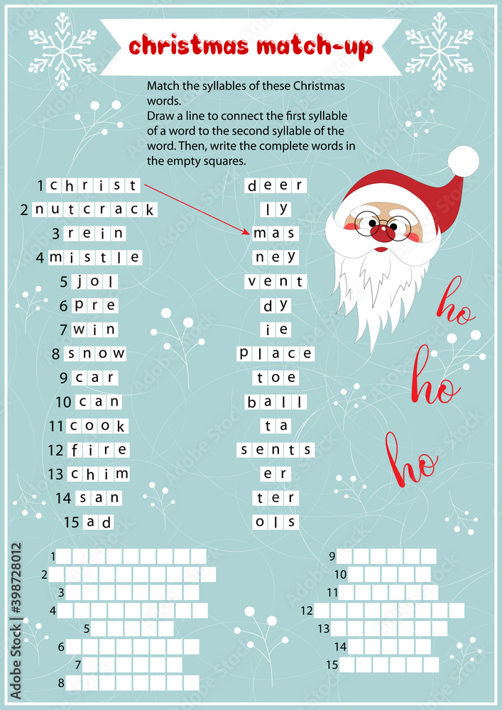 Christmas word match educational game. Learn english vocabulary. Winter ...