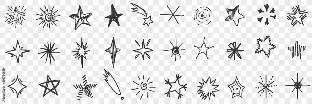 Stars doodle set. Collection of hand drawn shining and falling stars in ...